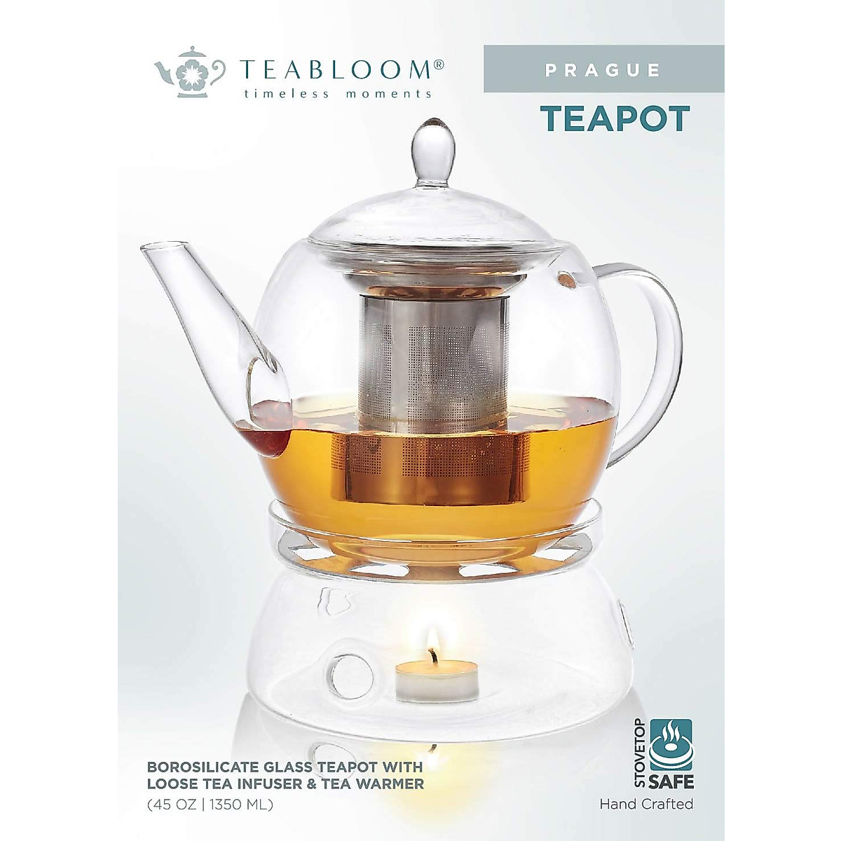Teabloom Prague Glass Tea Maker & Warmer Set – Large Capacity (45 oz) – Heatproof Borosilicate Glass Teapot with Removable Stainless Steel Loose Tea Infuser – Stovetop Safe Kettle