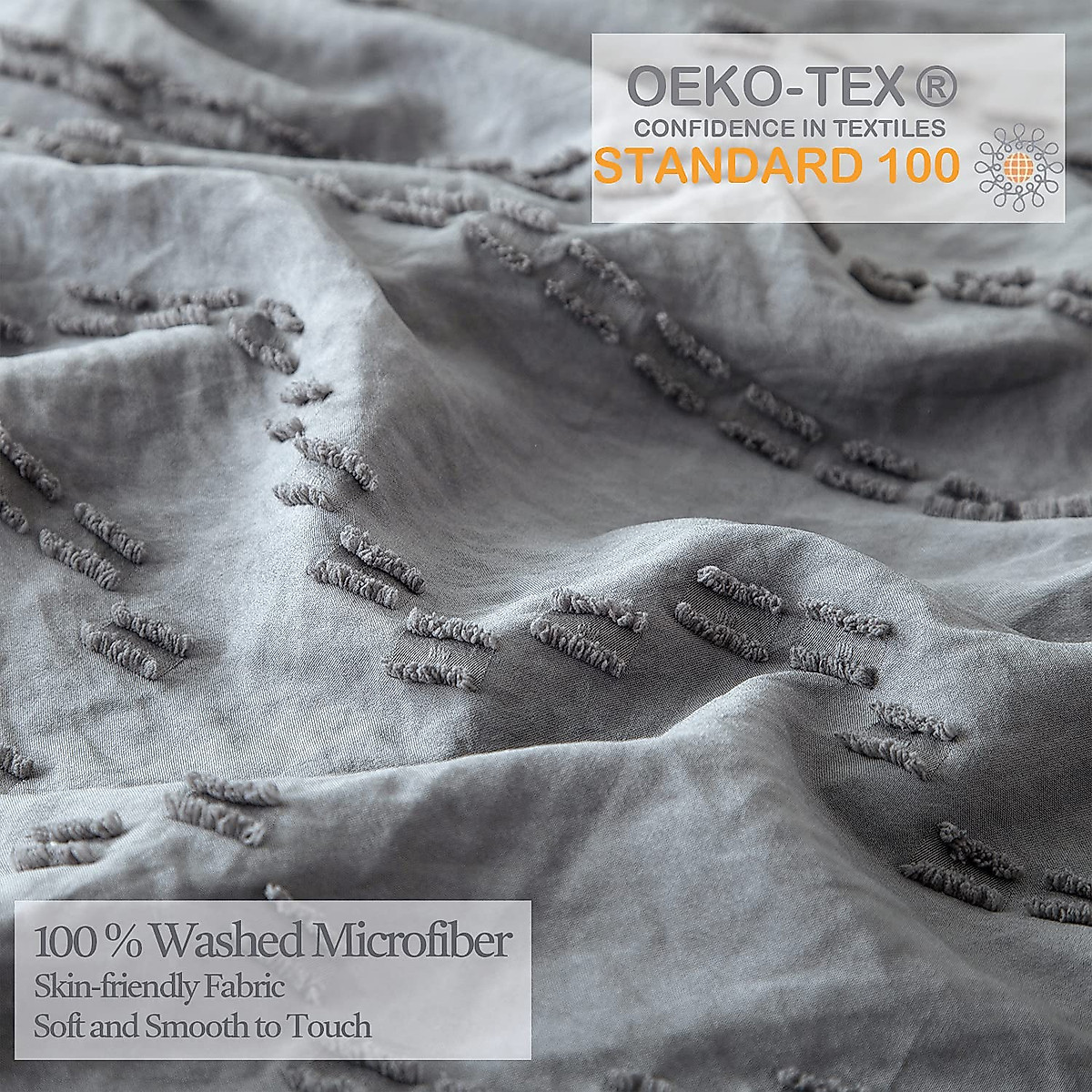 BEDAZZLED Duvet Covers King Size,3pcs Soft and Embroidery Shabby Chic Boho Bedding Sets,100% Washed Microfiber Tufted Comforter Cover Set,Dark Grey