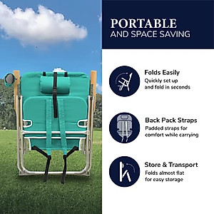 Caribbean Joe Folding Beach Chair, 4 Position Portable Backpack Foldable Camping Chair with Headrest, Cup Holder, and Wooden Armrests, Teal