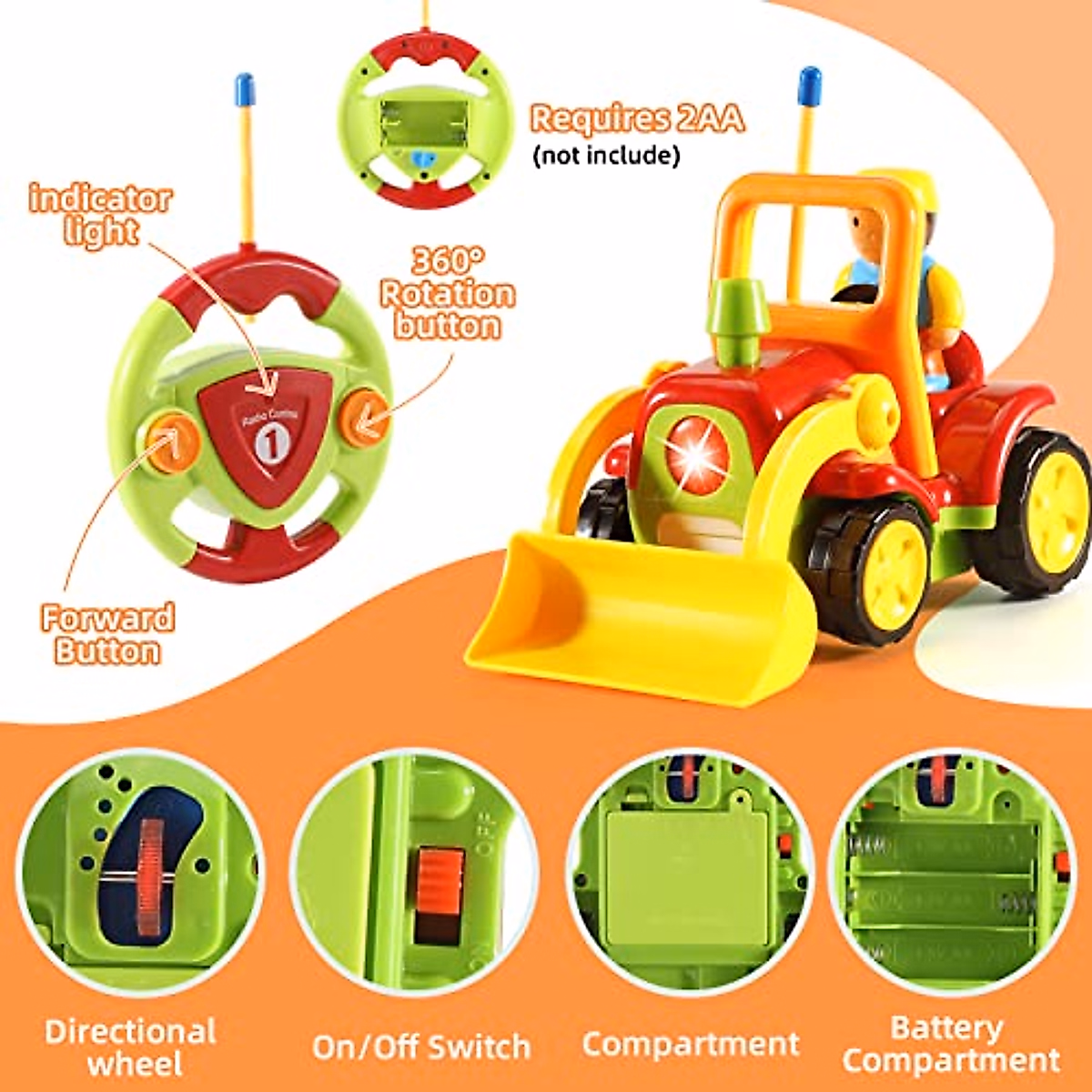 LOVE LIFE Cartoon RC Construction Car with Lights and Music Electric Radio Control Toy Remote Control Car for Babies Kids Toddlers Boys Girls