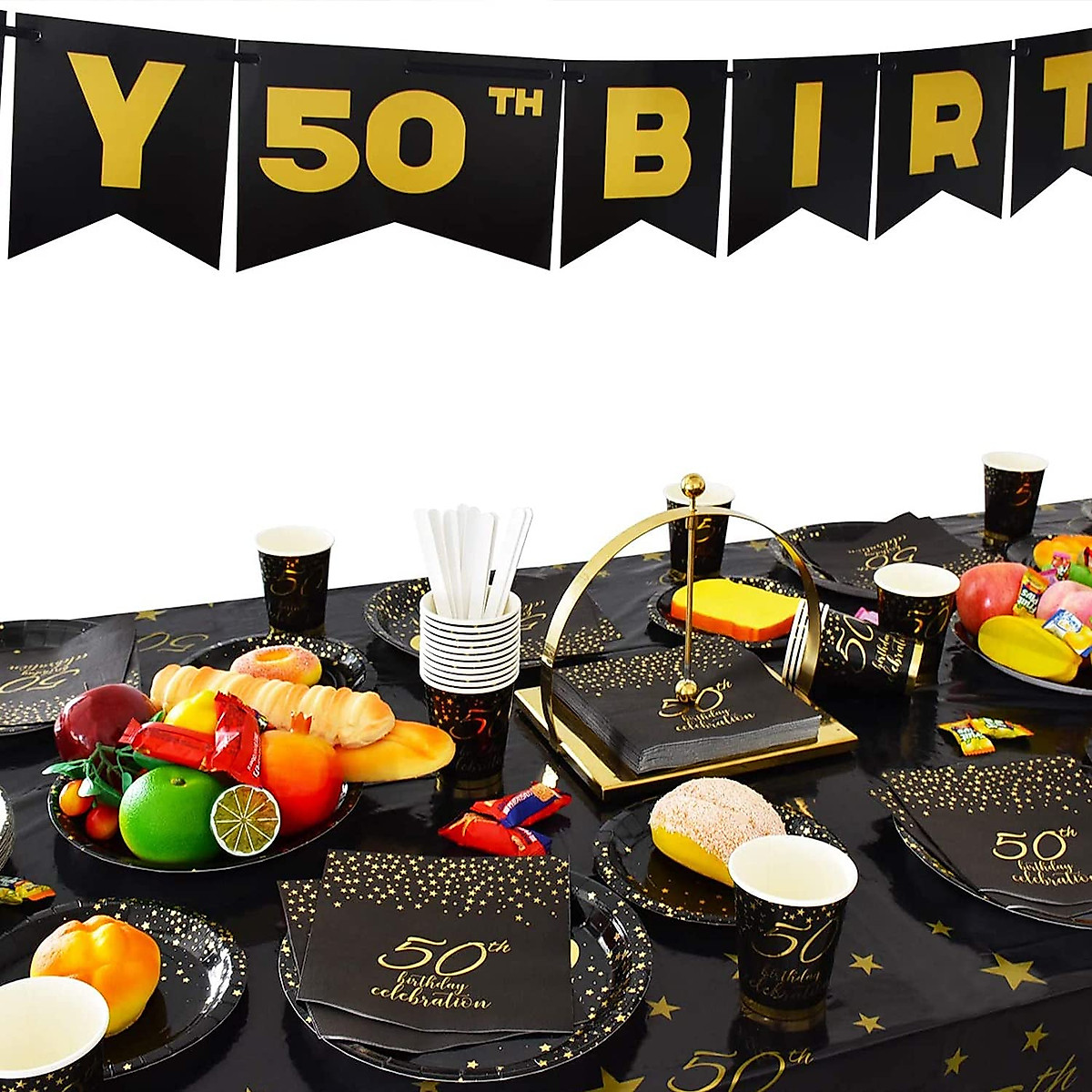 Gatherfun 50th Birthday Party Supplies Disposable Paper Plates Napkins Cups Knives Spoons Forks Tablecloth Banner Number 50 Balloons for Men Woman Black and Gold 50 Birthday Party Decorations Serve 25