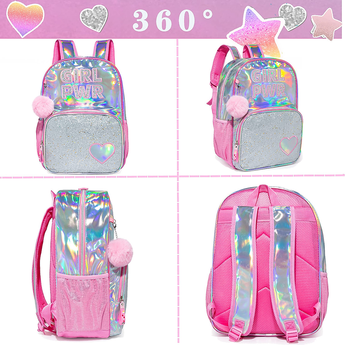 HTgroce Pink Girls Backpack with Lunch Box PWR Preschool Backpack School Bag with Lunch Box Sequin Girls Backpack Set for Elementary Preschool Bookbag Pink