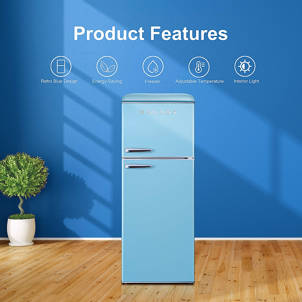 Galanz GLR10TBEEFR Retro Refrigerator with Top Freezer Frost Free, Dual Door Fridge, Adjustable Electrical Thermostat Control, 10 cu ft, Blue