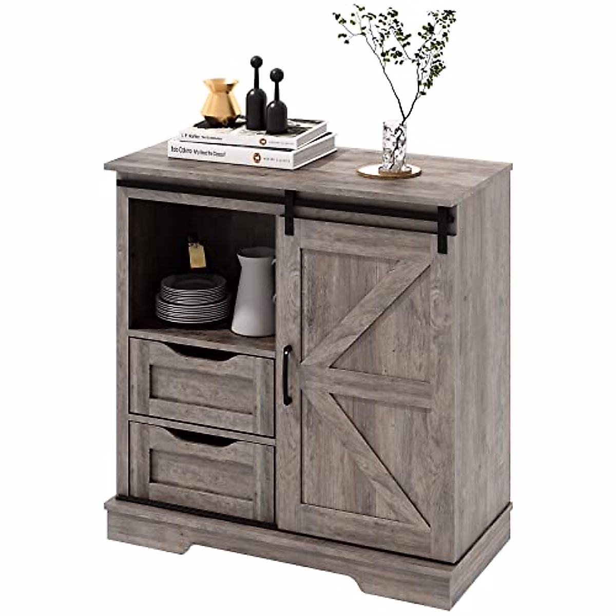 Ahvqevn Farmhouse Coffee Bar Cabinet, 33.64" Coffee Bar Cabinet with 2 Drawers and 3 Open Storage Shelf, Kitchen Hutch Buffet Storage Cabinet Design for Kitchen, Living Room, Entryway, Grey