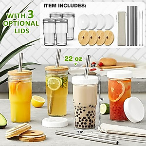 4 Pack Glass Cups with Bamboo Lids and Straws (USA MADE), 22 oz Glass Tumbler with Straw and Lid, Reusable Boba Cup Smoothie Cup Iced Coffee Cup Wide Mouth Mason Jar Cups Drinking Glasses for Bubble