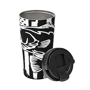 16 Oz American Flag Large Mouth Bass Fish Stainless Steel Vacuum Insulated Tumbler - Coffee Travel Mug Spill Proof With Lid - Thermos Cup For Keep Hot/Ice Coffee