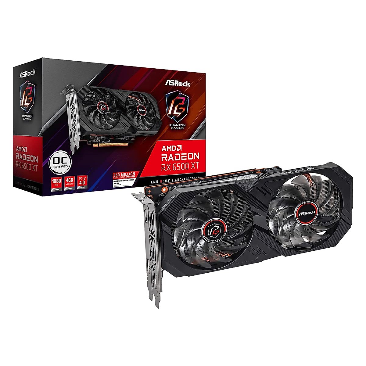 ASRock AMD Radeon RX 6500 XT Phantom Gaming D 4GB OC GDDR6 0dB Silent Cooling 18 Gbps 64-bit 7680 x 4320 Graphics Card Dual Fan HDMI DisplayPort