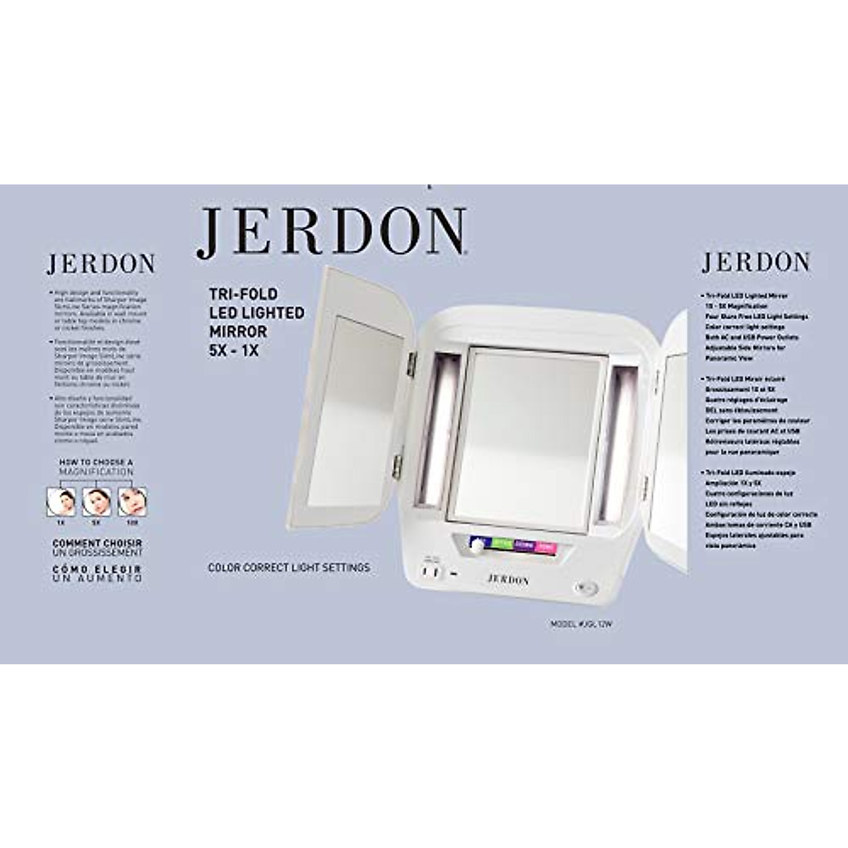 JERDON Tri-Fold Two-Sided Makeup Mirror with LED Lights - Vanity Mirror with 5X-1X Magnification & Multiple Light Settings - White - Model JGL12W
