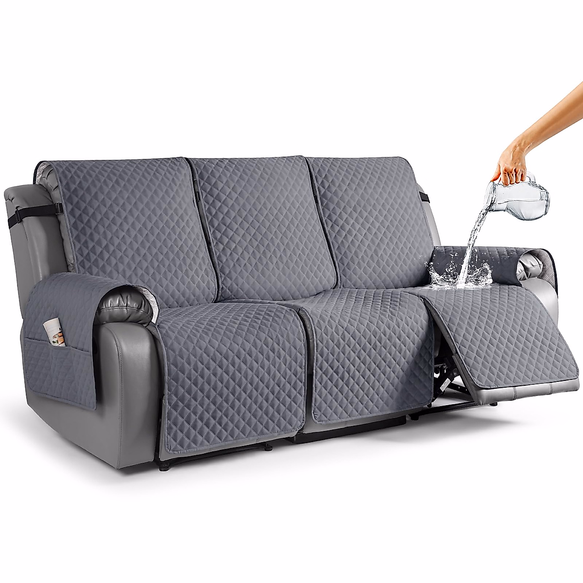 TAOCOCO Anti-Slip Recliner Sofa Cover Couch Covers for Leather Recliner Sofa, Pet Cover for Recliner Sofa, Washable Reclining Furniture Protector with Elastic Straps(3 Seater, Dark Grey)