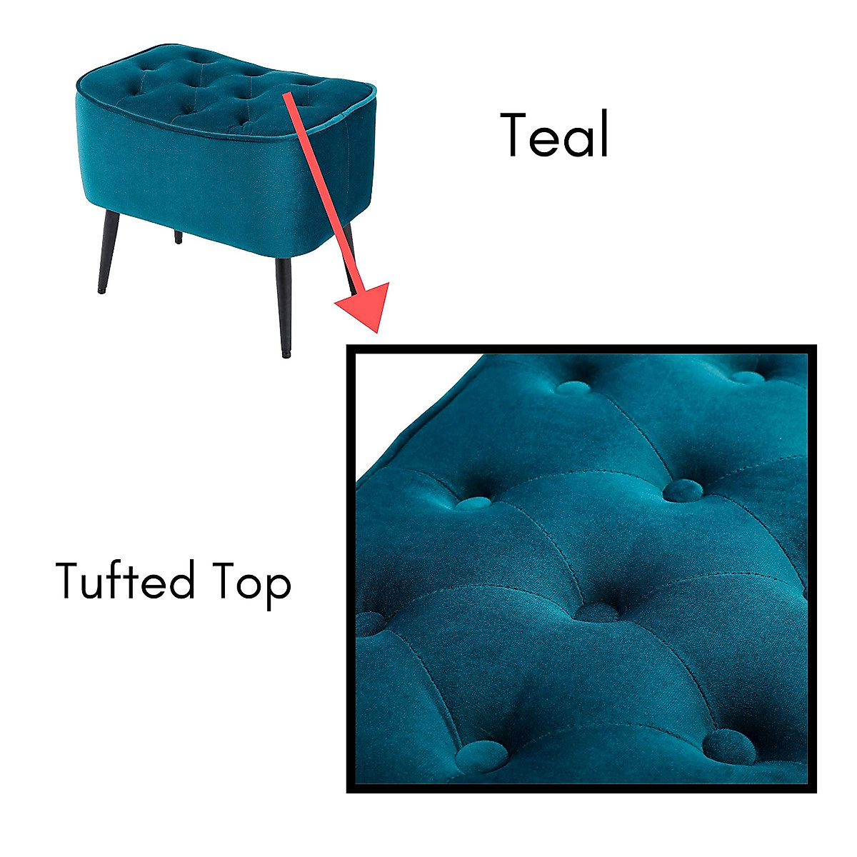 BIRDROCK HOME Tufted Curve Ottoman Velvet Foot Stool - Upholstered Padded Footrest for Living Room or Bedroom - Small Cushioned Accent Chair for Couch, Sofa, Lofted Seating - Modern Furniture - Teal