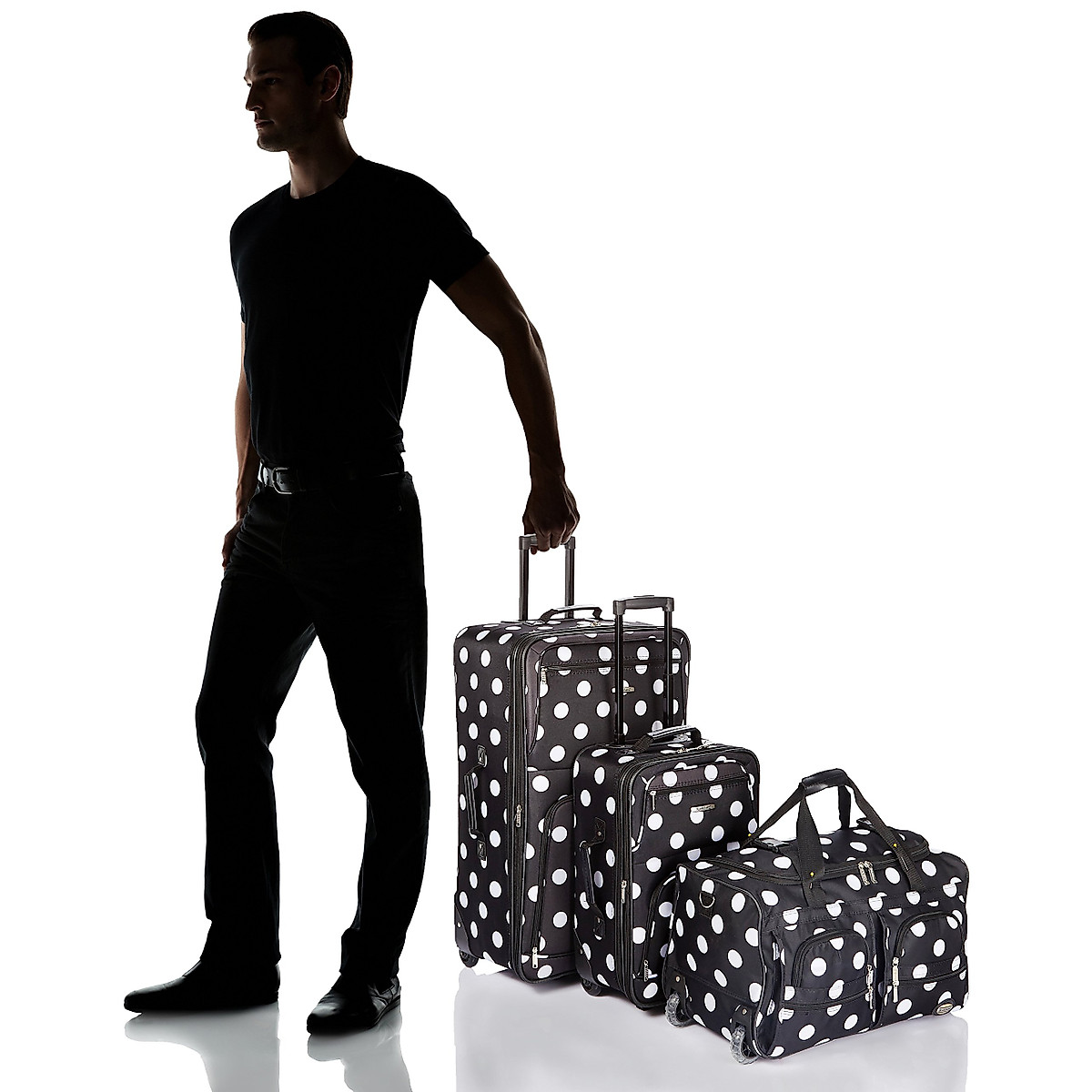 Rockland Vara Softside 3-Piece Upright Luggage Set, Black dot, (20/22/28)