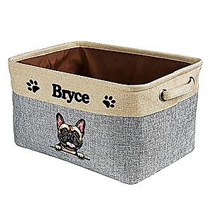 MALIHONG Personalized Foldable Storage Basket with Cute Dog French Bulldog Collapsible Sturdy Fabric Pet Toys Storage Bin Cube with Handles for Organizing Shelf Home Closet, Grey and White