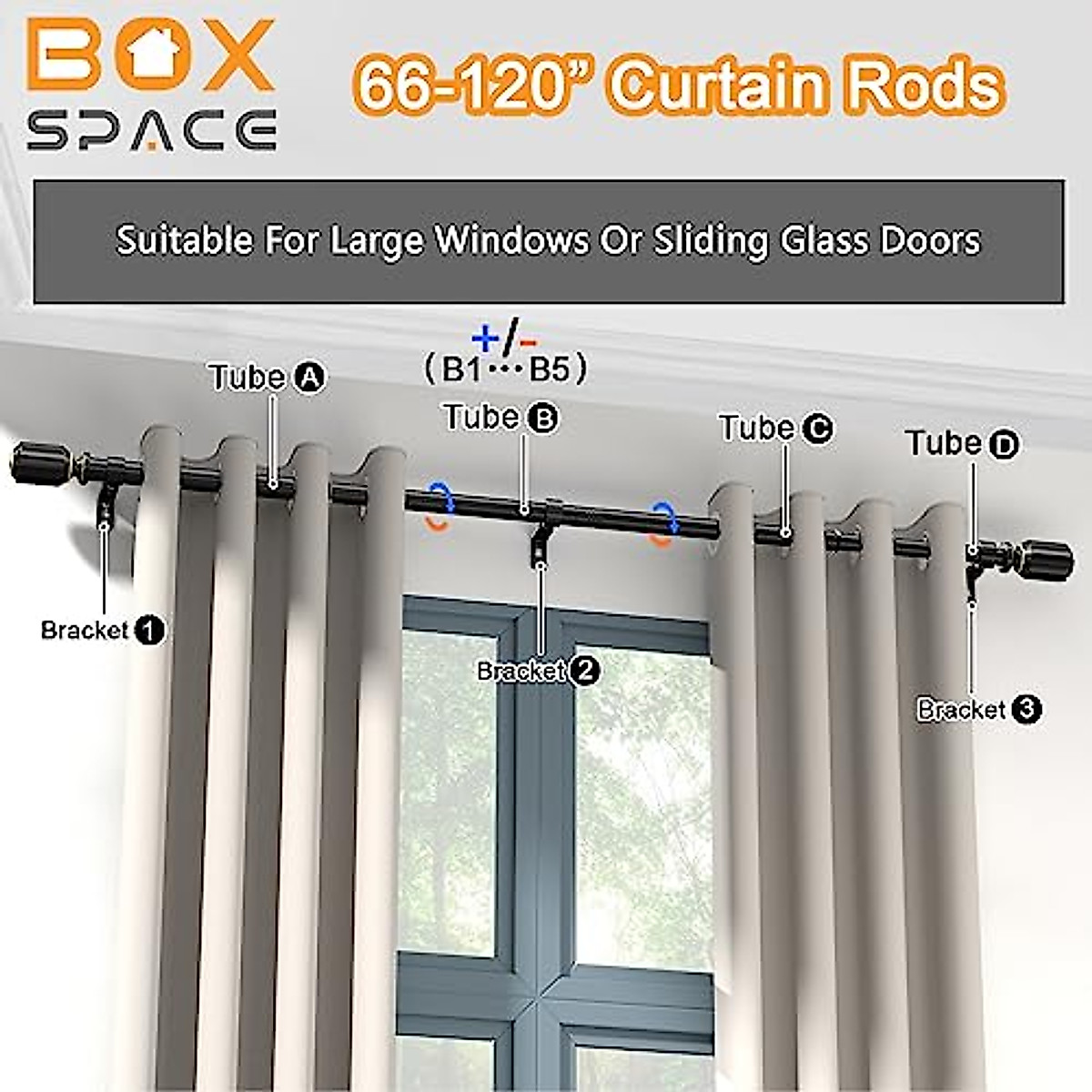 Box Space Curtain Rods for Windows 66 to 120 inch -1 inch Diameter Black Curtain Rods Adjustable Decorative Heavy Duty Long Curtain Rod for Living Room Bathroom Bedroom Outdoor Patio