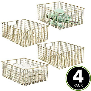mDesign Metal Wire Bathroom Storage Basket Organizer with Handles - Organize Master/Guest Bathrooms, Linen, Hallway, or Entryway Closets, Bedroom, Laundry Room, Concerto Collection, 4 Pack, Soft Brass