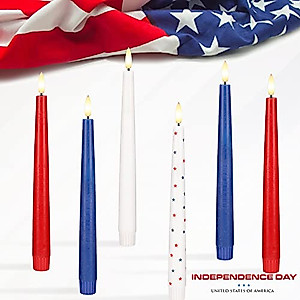 Patriotic Candles, Flameless Taper Candles with 3D Wick, 9.6" Real Wax Red White Star and Blue Candles with Remote and Timer