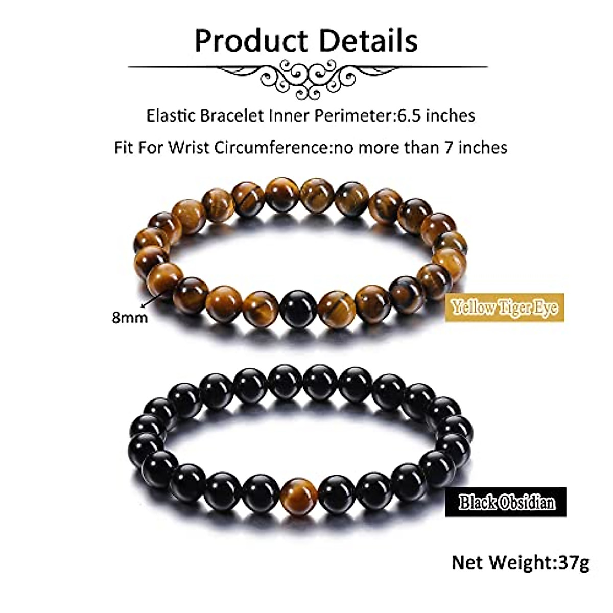 Jovivi 2pcs 8mm Black Obsidian & Tiger Eye Healing Crystal Stone Stretch Bracelets Handmade Natural Round Gemstone Beaded Energy Beads Chakra Bracelet for Women Men Couples Distance Gifts
