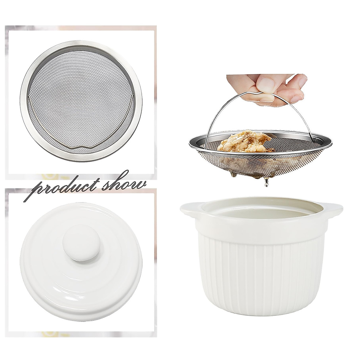 MaoYaMao Ceramic Bacon Grease Container with Strainer,Grease Container for Kitchen 17oz,White