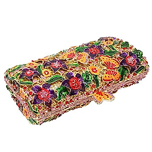 Boutique De FGG Flowers & Butterfly Women Crystal Clutch Evening Bag Wedding Party Rhinestone Handbags (Small,Orange Purple)
