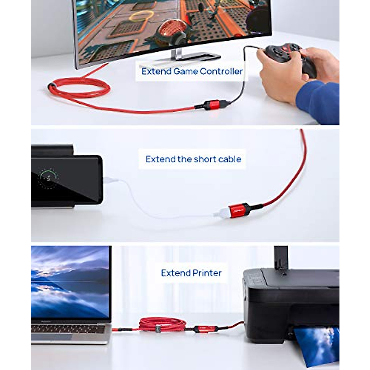 JSAUX USB 3.0 Extension Cable, [2 Pack 6.6ft] USB A Male to Female Extension Extender Cord High Data Transfer Compatible for USB Flash Drive, Keyboard, Printer, Xbox, Hard Drive and More-Red