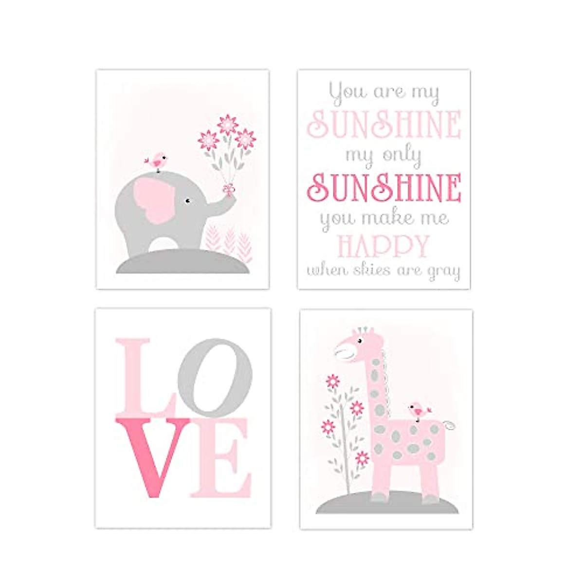 Baby Girl Nursery Art Pink Gray Elephant Giraffe You Are My Sunshine LOVE Grey Chevron Bird Flower Baby Nursery Decor Nursery Wall Art SET OF 4 UNFRAMED PRINTS