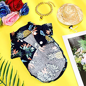 3 Pieces Pet Dog Hawaiian Costume Include Hawaiian Dog T-Shirts Pineapple Print Puppy Summer Clothes, Straw Hat and Cool Gold Chain Necklace for Small Medium Dogs (Medium, Navy Blue)