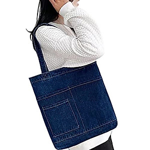 IAMUHI Denim Shoulder Handbag Casual Medium Tote Purse Canvas Shooper Bag School Bag for Women/Girls,Navy Blue