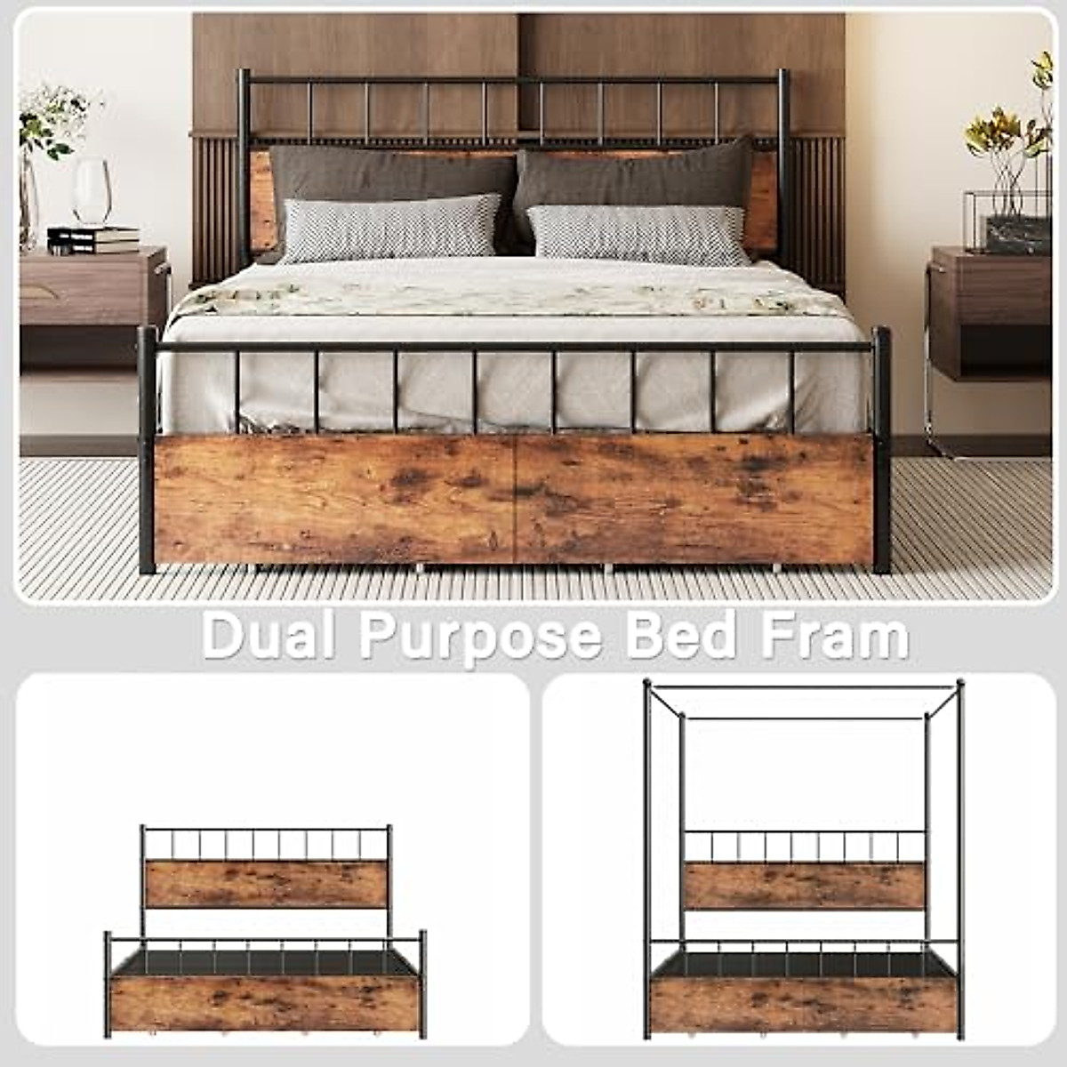LIKIMIO Canopy Bed Frame Full with Wooden Headboard and Drawer, Full Size Bed Frame with 4 Removable Sturdy Posts, Noise Free, No Box Spring Needed, Vintage Brown