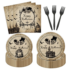 Gothic Halloween Party Decorations Spooky Vintage Baby Shower Birthday Supplies 96pcs Adult Halloween Haunted Paper Plates and Napkins for Costume and Cocktails Party Decorations