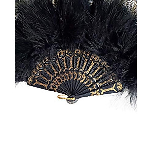 HAPPY FEATHER Embroidered Flower Marabou Feather Fan, 1920s Vintage Style Flapper Hand Fan for Costume Party Dancing-Black