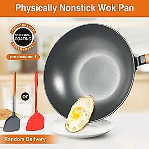 Anyfish Nonstick Wok 13.1 inch Stir-fry Wok Pan with Lid Pre-seasoned Carbon Steel Wok with Silicone Spatula No Chemical Coating Chinese Wok Flat Bottom for Induction, Coil Top, Electric, Gas Stove