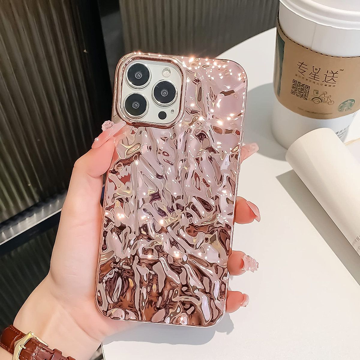 ekoneda Compatible for iPhone 13 Pro Max Case Cute Glitter Fashion Women Girly Luxury Tin Foil Pleated Design Phone Cases 3D Pink Silicone Electroplated Sparkly Slim Soft Glossy Cover 6.7 Inch