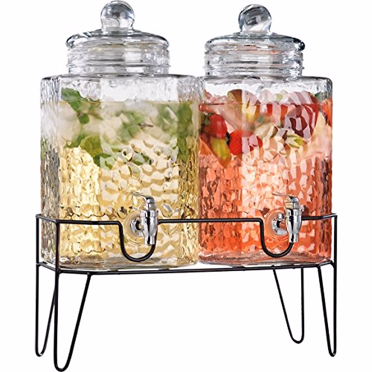 Homephile Double Ice Cold Clear Glass Hammered Beverage Drink Dispensers On Metal Stand 1.5 Gallon Each Mason Jug for Outdoor, Parties & Daily Use