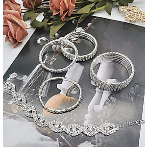MOZAKA 5Pcs Sparkle Rhinestone Stretch Bracelets Bangle for Women Bling Silver Bridal Wedding Strand Stackable Tennis Bracelet Set