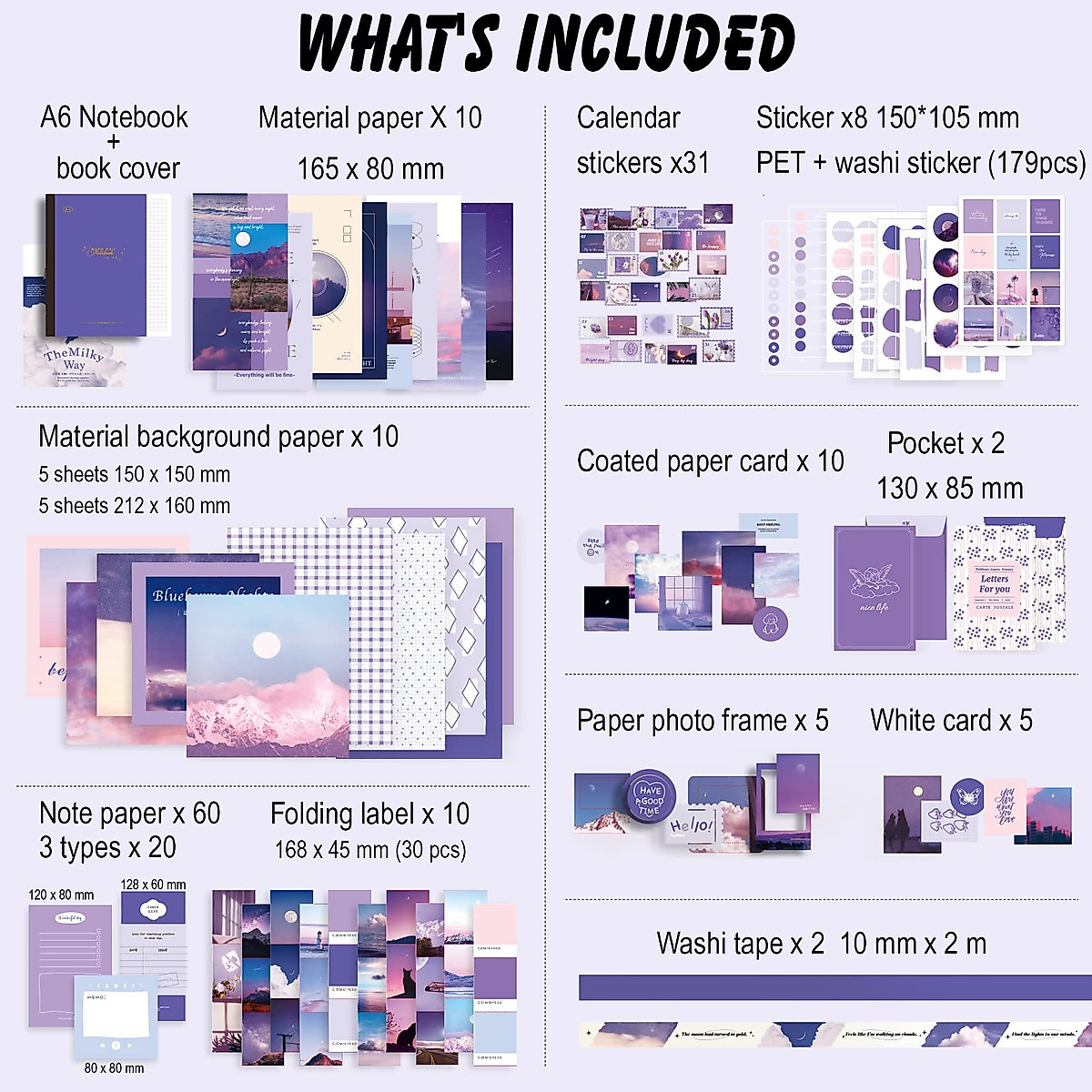 Vintage Aesthetic Scrapbook Kit(346pcs), Scrapbooking Supplies Kit with Bullet Junk Journal, Stationery, A6 Grid Notebook with Graph Ruled Page DIY Journaling Gift for Teen Girl Kid Women, Purple