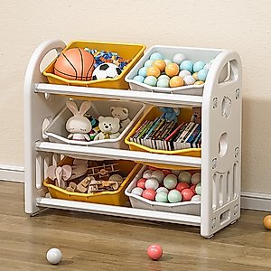 Runboll Toy Storage Bins 3-Tier Multipurpose Toys Organization Rack with 6 Bins for School, Bedroom, Playroom or Nursery