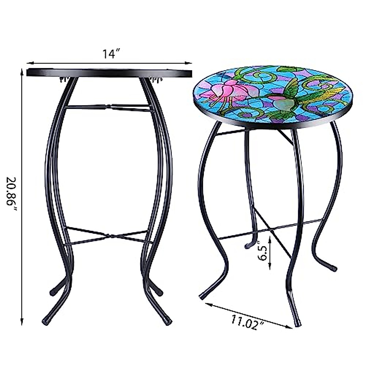 VCUTEKA Mosaic Patio Side Table Outdoor Accent Table Bistro Coffee Table Plant End Table Small Porch Table Indoor Round Glass Balcony Hummingbird Plant Table Stands