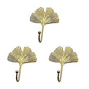 Curqia 3pcs Gold Light Luxury Style Leaf Hook Antique Decorative Vintage Style Heavy Duty Wall Coat Hooks for Living Room
