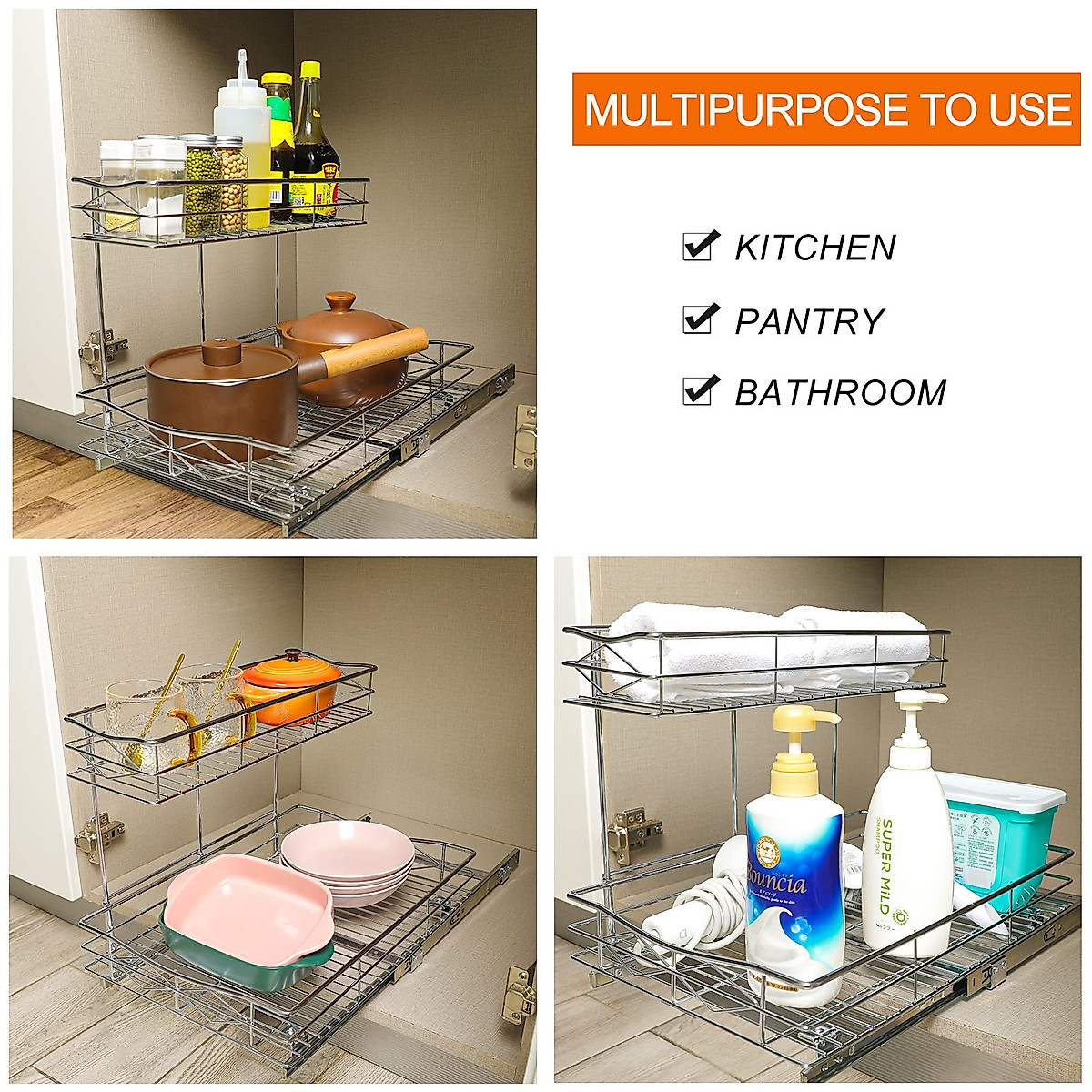 TQVAI Pull Out Cabinet Organizer, 2 Tier Under Sink Storage Shelf with Sliding Drawer, Wire Kitchen Slide Out Basket - 11.75W x 17D x 13.25H, Request at Least 12.5 Inch Cabinet Opening