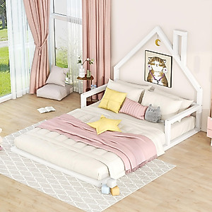 LUSPAZ Full Size Floor Bed with House-Shaped Headboard for Toddlers and Baby,Playful Design Sturdy Wood Montessori Floor Bed, No Box Spring Required, Perfect for Kids' Room or Baby Room, White