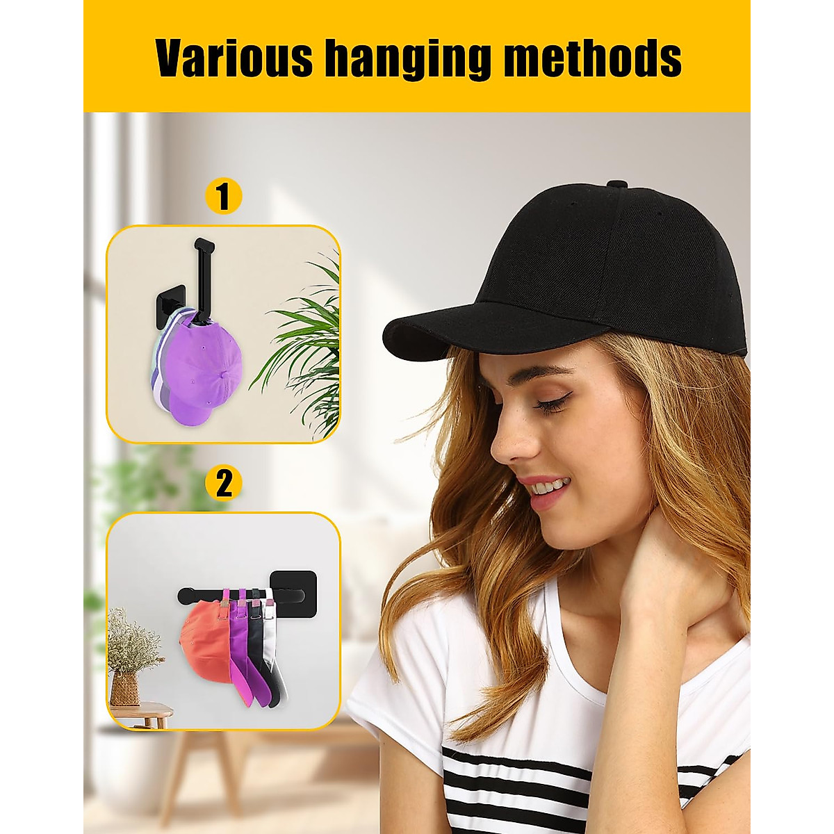 DAGKHE 4 Pack Hat Rack for Wall, Adhesive Hat Organizer for Baseball Caps, Adhesive Hat Hooks Holder Hanger for Closet Door Storage