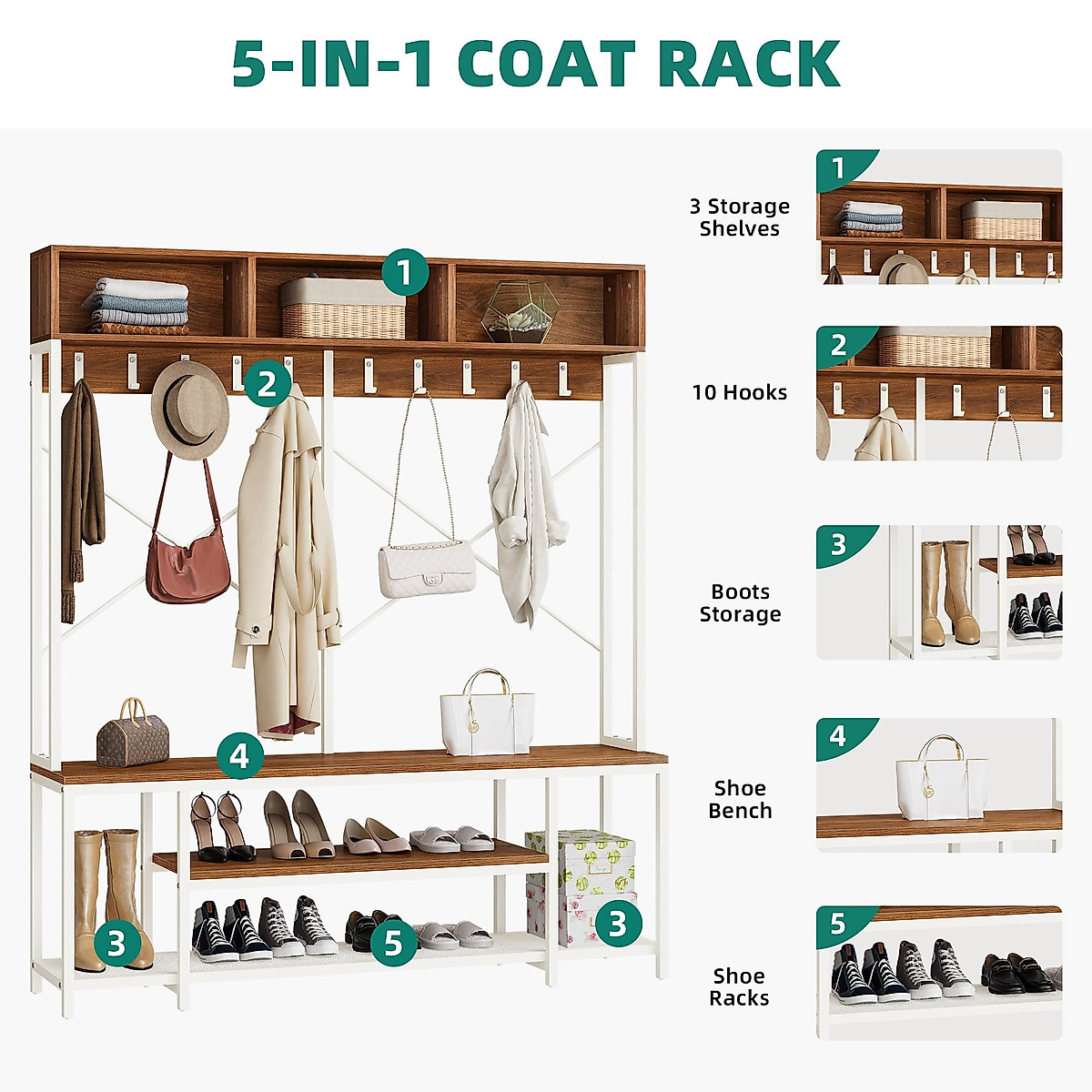 YITAHOME Entryway Bench with Coat Rack, 5-in-1 Hall Tree with Shoes Storage, Industrial Freestanding Coat Rack Shoe Bench with Storage Shelves, 10 Hooks for Hallway, Bedroom, Walnut/White