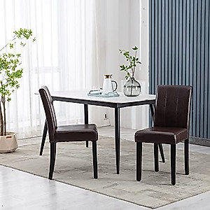 FUNESI PU Leather Upholstered Dining Chair, Armless Parsons Chair with Black Solid Wood Legs Set of 2（Brown