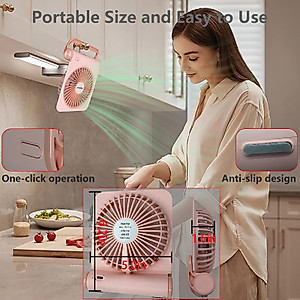 Digibond Pink Mini Desk Fans Small Quiet, 3000mAH Rechargeable High Power USB Fan for Desk Top/Office/Bedroom 4 Speed 5in 225° Rotated Foldable Easy Clean