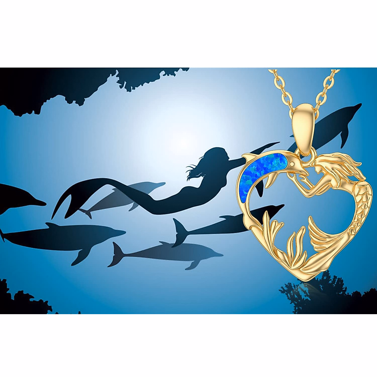 YDD 14K Solid Gold Mermaid Necklace for Women Dolphin Opal Necklace Heart Pendant Necklace Ocean Necklace 16''-18''