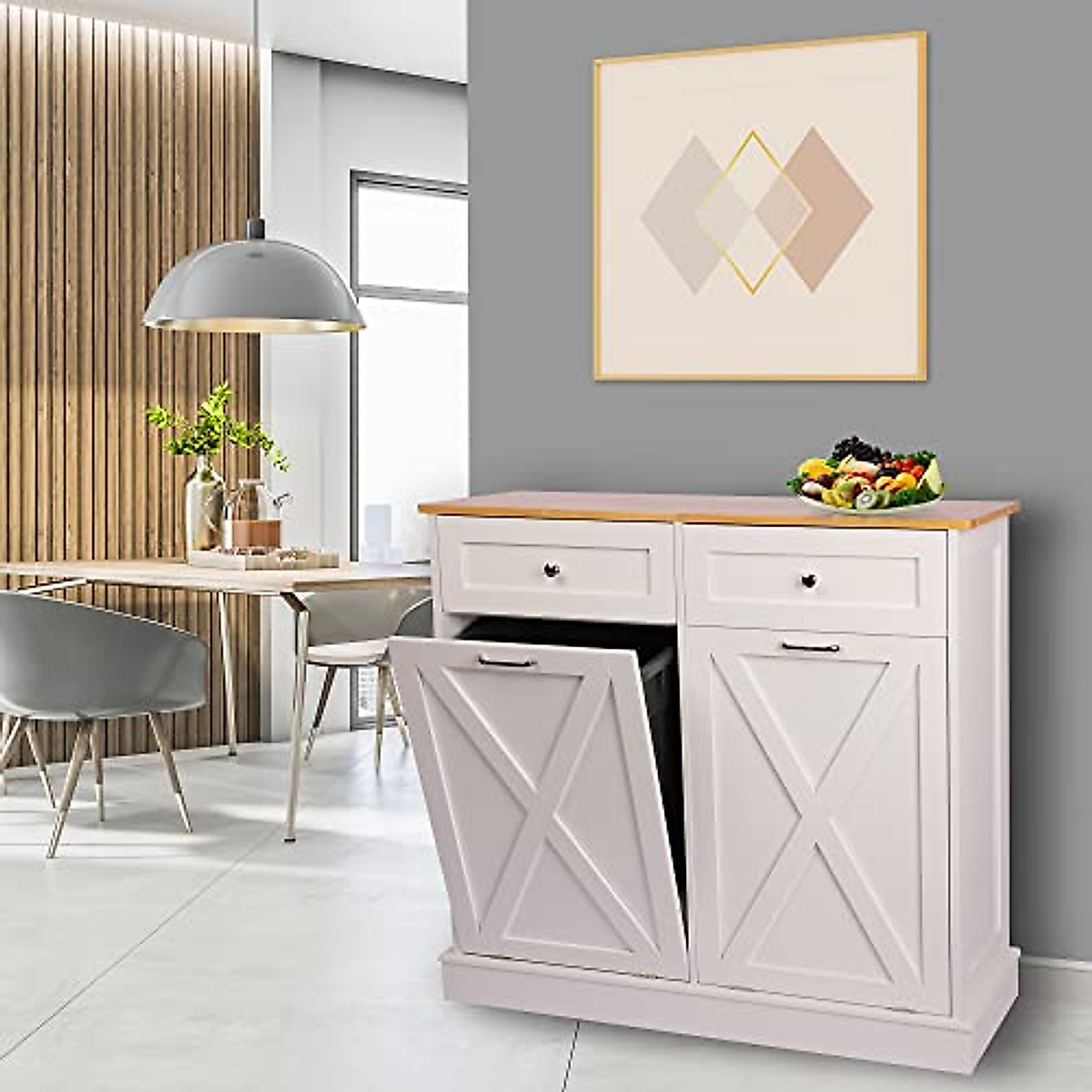 TOLEAD Farmhouse Style Kitchen Trash Cabinet, Double Tilt Out Trash Can Cabinet with Barn Door, Solid Wood Tabletop, Pet Proof, Odor Blocking, Laundry Cabinet Keep Clean