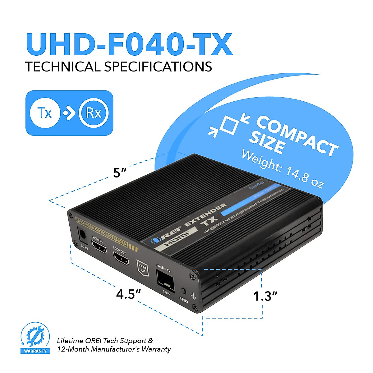 OREI 4K HDMI Extender Balun, Transmitter Only Over Fiber Optic Cable UltraHD 4K @ 60Hz 4:4:4 DR, CEC, ARC & IR Support, RS-232 SFP+ LR - Up to 40 KM - ARC Audio Out One to Many Optical Audio Out