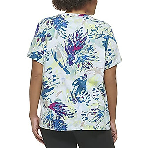 Calvin Klein Performance Women Plus Size Active Logo Print Rolled Cuff Tee, Floral WASH SEA Level, 1X