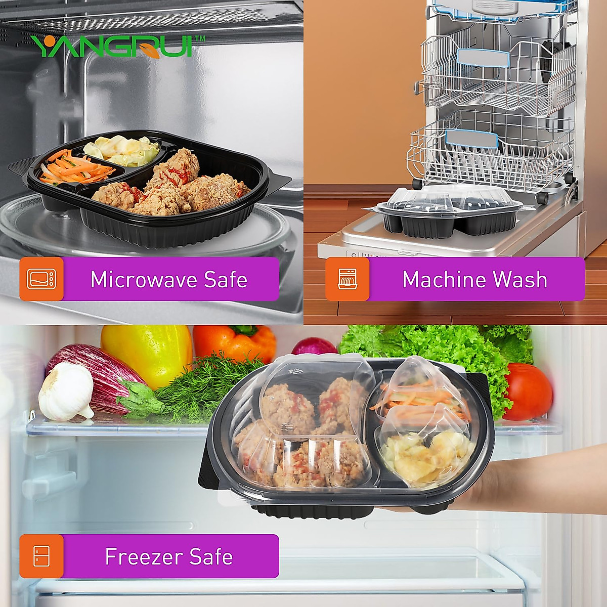 YANGRUI Meal Prep Container, 30 Pack 30oz BPA Free Reusable To Go Containers with Lids Shrink Wrap Microwave Dishwasher Freezer Safe Plastic 3 Compartment Bento Box