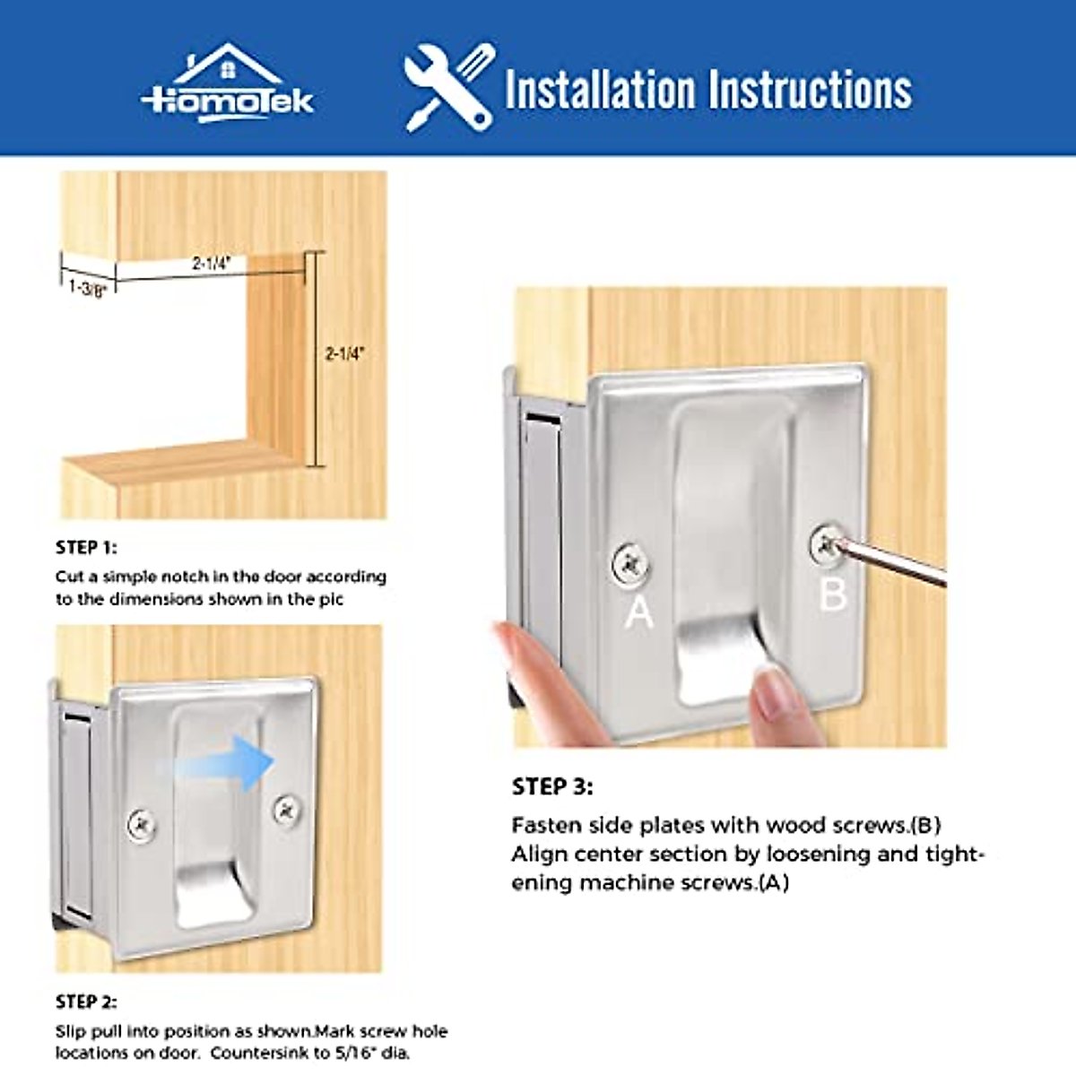 HOMOTEK Privacy Pocket Door Pull Without Switch Plate - Replace Old Or Damaged Passage Sliding Door Pull No Lock Quickly and Easily, 2-3/4”x2-1/2”, for 1-3/8” Thickness Door, Brushed Nickel