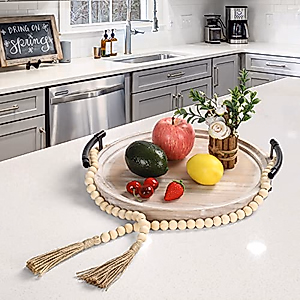 Round Wood Tray/w Wood Bead Garland - 13" Decorative Trays for Home Decor - Round Wooden Tray with Handles - Wooden Round Tray for Kitchen Counter.